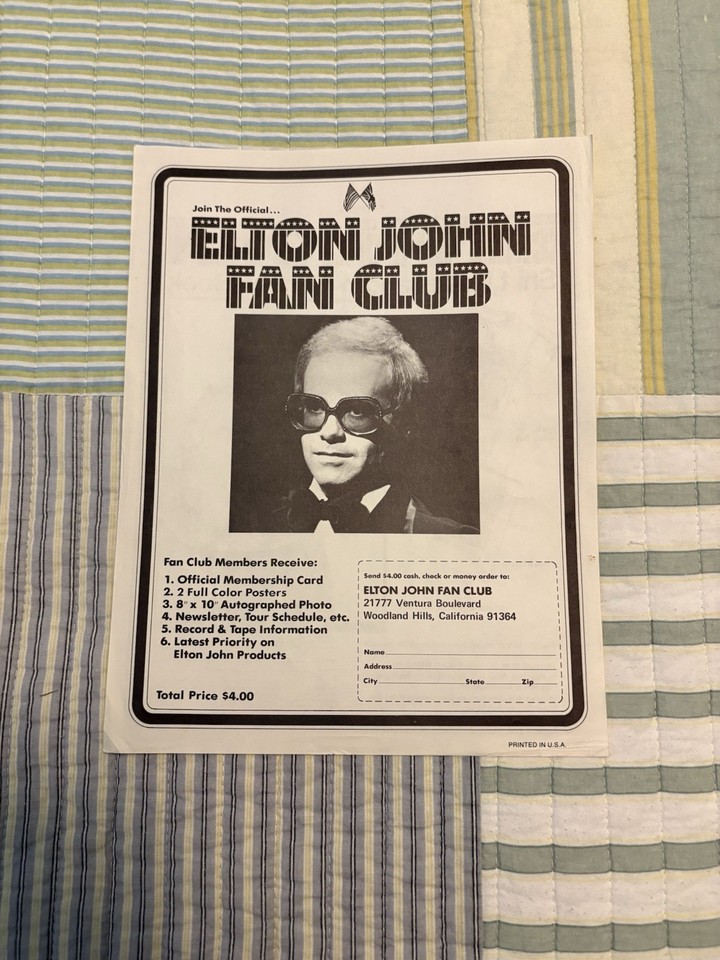 ELTON JOHN 1974 FAN CLUB Advertising Flyer Shirt for Poster In-Concert ...