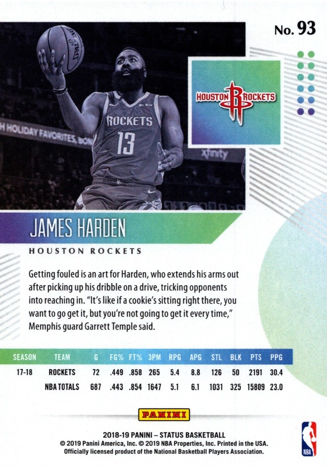 2018-19 Panini Status Base #93 James Harden - Houston Rockets {BOX 22 ...