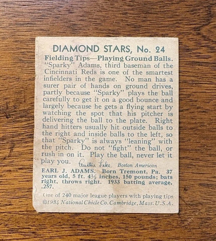 1934-36 Diamond Stars No. 24 - "Sparky" Adams - Low Grade w Nice Eye ...