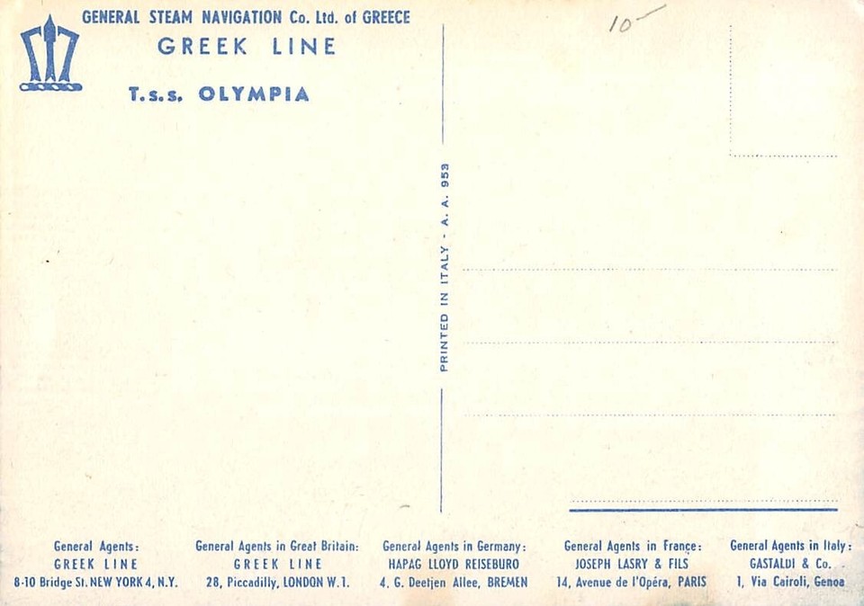 TSS OLYMPIA AT SEA, GENERAL STEAM NAVIGATION GREEK LINE, ARTIST IMAGE ...