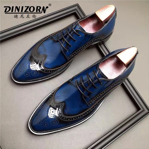 Mens Pointed Toe Brogues Carved Wing Tip Lace Up Real Leather Formal ...