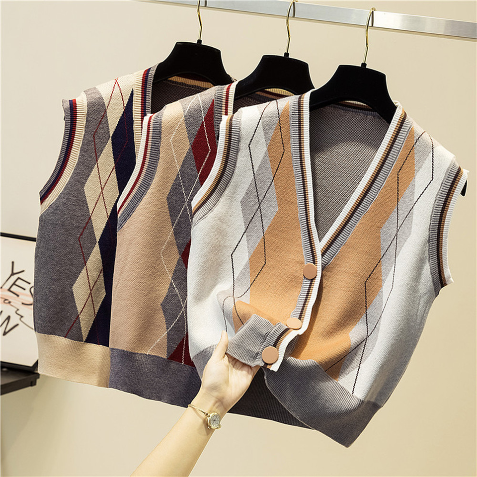 Vintage Style Women Knitted Check Vest Waistcoat Gilet Cardigan Top ...