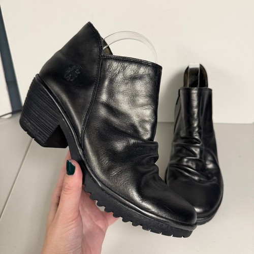 FLY LONDON Wezo Stacked Heel Pewter Leather Ankle Boots Bootie EU 40 US ...