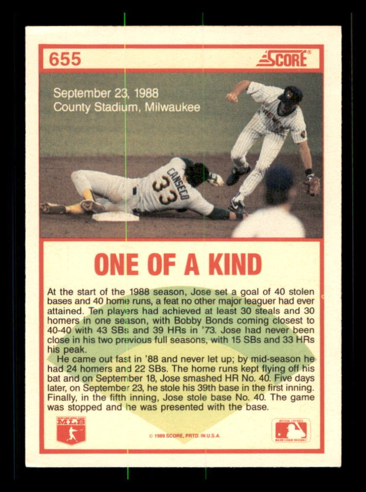 1989 Baseball 1989 Score Jose Canseco Oakland Athletics #655 HL1 | eBay