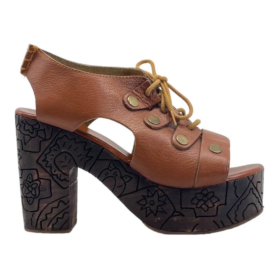 FREE PEOPLE Womens 10 41 Leather Sandals Platform Lace Up Clogs Wood ...