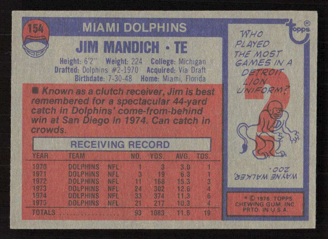 Jim Mandich 1976 Topps #154 Miami Dolphins EX {0417 | eBay