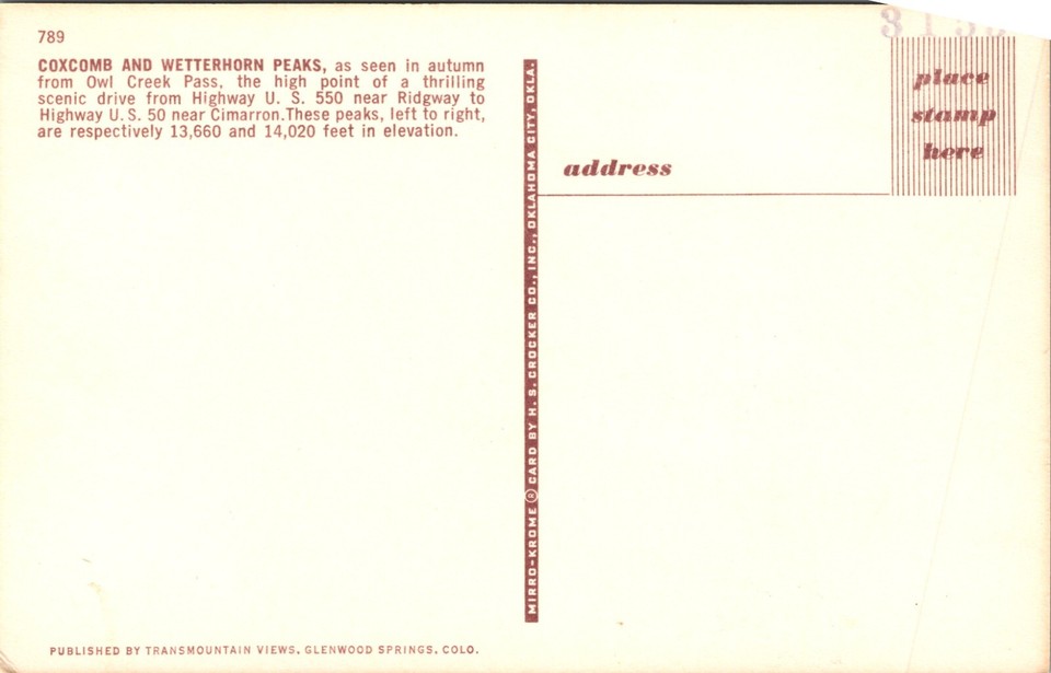 Colorado CO Coxcomb & Wetterhorn Peaks From Owl Creek Pass Postcard | eBay