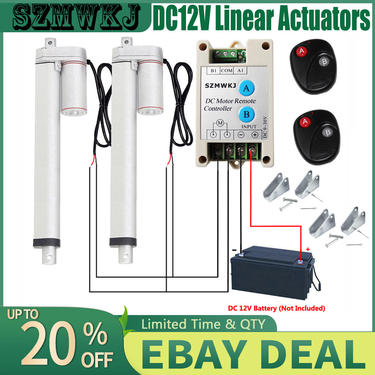 2PCS 1500N 330lbs 12V Dual Linear Actuator +Motor Controller +Brackets ...