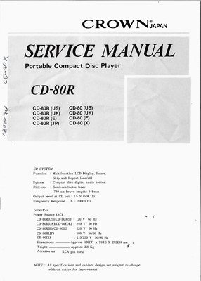 CROWN CD-80R PORTABLE COMPACT DISC PLAYER ORIGINAL SERVICE MANUAL | eBay