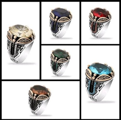 Handmade Ottoman Style Ring with Colorful Zircon Stone Men's Ethnic ...