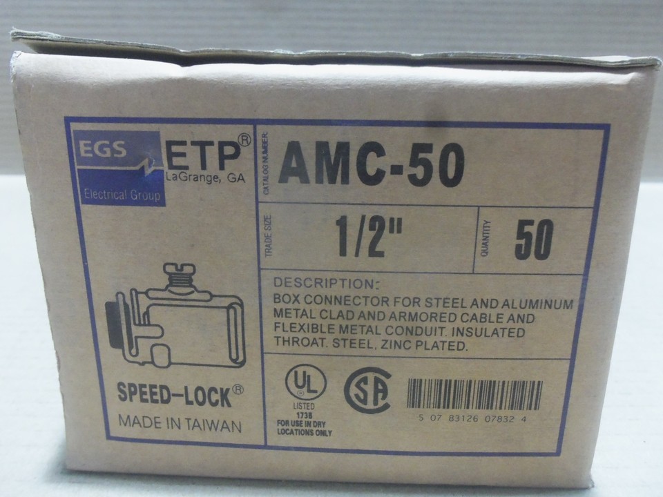 NEW BOX OF 50 EGS AMC-50 1/2" SPEED-LOCK BOX CONNECTOR STEEL CABLE ...