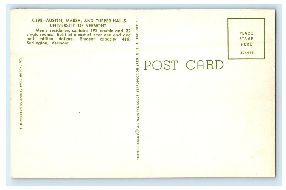 c1960 Austin Marsh and Tupper Halls University of Vermont VT Unposted ...
