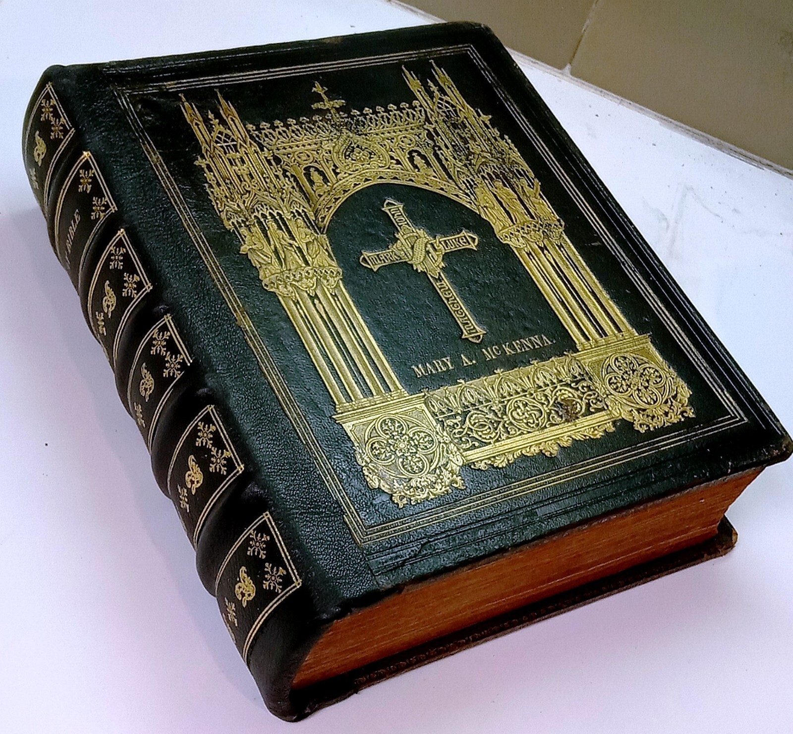 LARGE FULL LEATHER FAMILY CATHOLIC DOUAY VULGATE BIBLE; CA 1870, BRITE ...