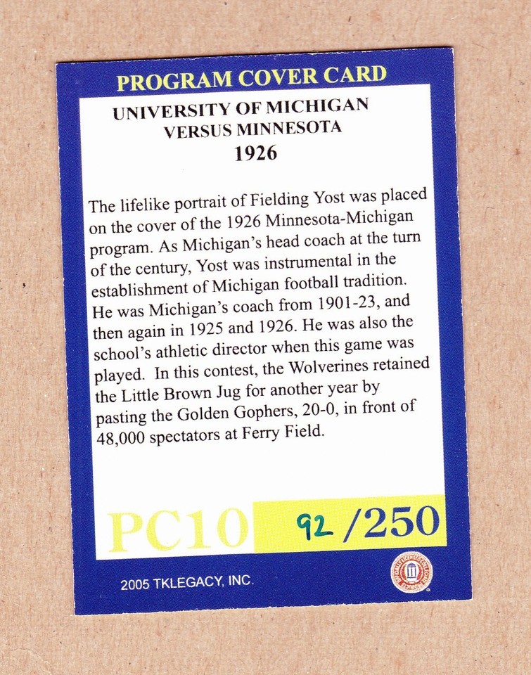 Fielding Yost 2005 Michigan Wolverines TK Legacy Program Cover card 92/ ...