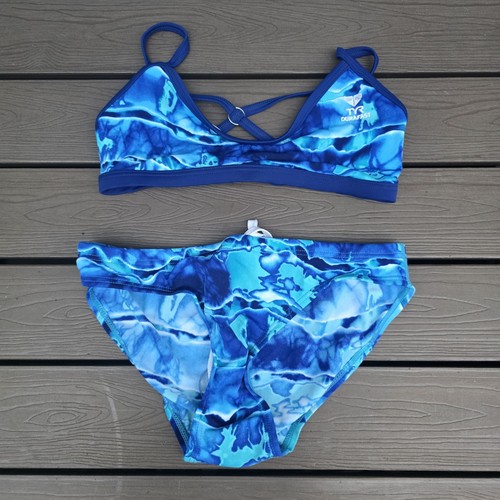 TYR Womens Durafast Blue Admiral Ringback Workout Bikini Set Sz 36/M ...
