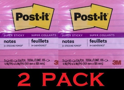 2x 3M Post-it Notes 4x4 in 3 Pads - Lined - Pink Orange Yellow SUPER ...