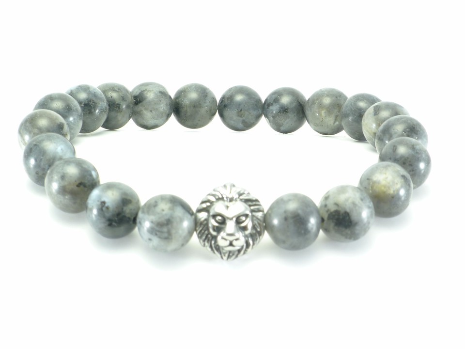 Lion Head Bracelet Stretch Beaded Larvikite Labradorite Stainless Steel ...