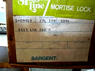 SARGENT LOCK 8115 LNA 26D LESS CYL PASSAGE MORTISE LOCK NOS HANDED LH ...