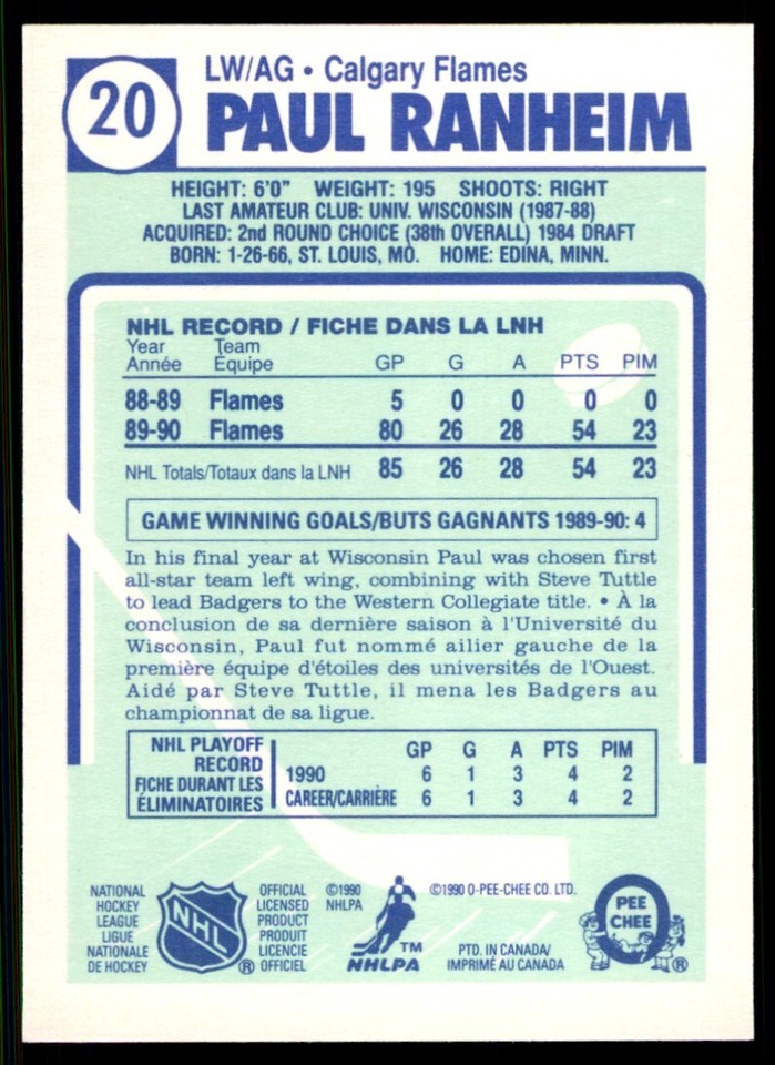 1990-91 O-Pee-Chee Paul Ranheim . Calgary Flames #20 | eBay