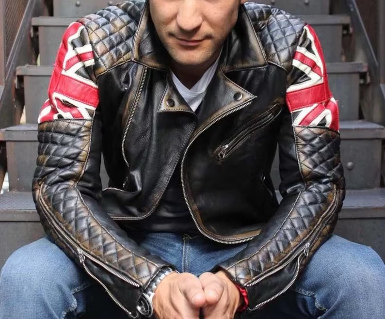Distressed Union Jack Biker Leather Jacket UK Flag Design Motorcycle ...