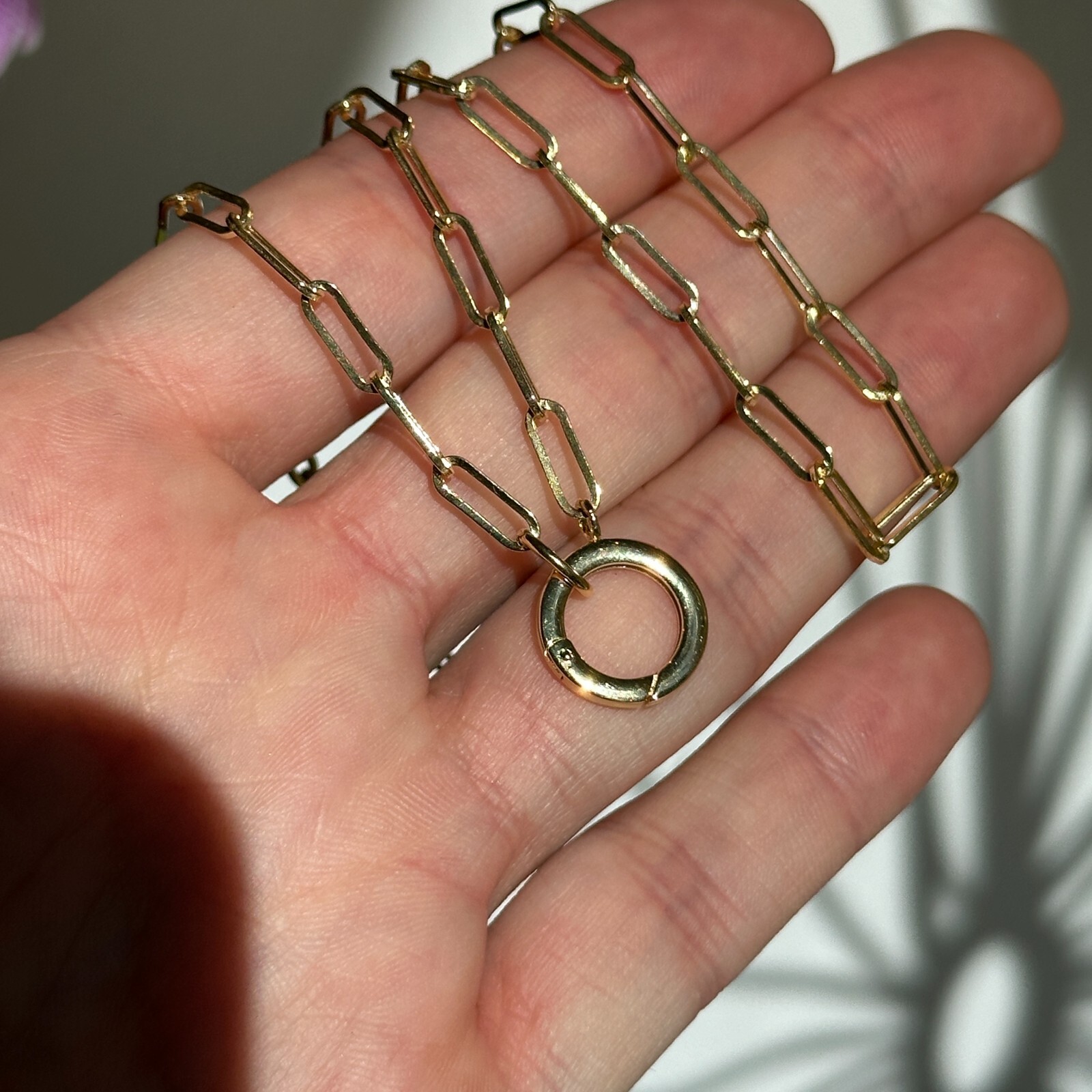 14K Yellow Gold Center Round Clasp Charm Holder Paper Clip Necklace 18 ...