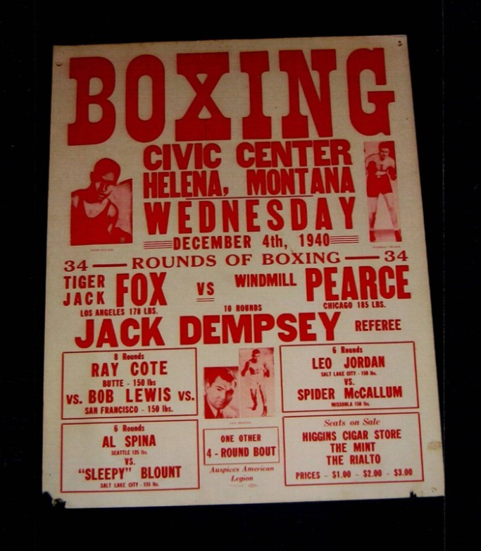 VERY RARE 1940 JACK DEMPSEY TIGER JACK FOX vs PEARCE boxing poster HELENA MONT | eBay