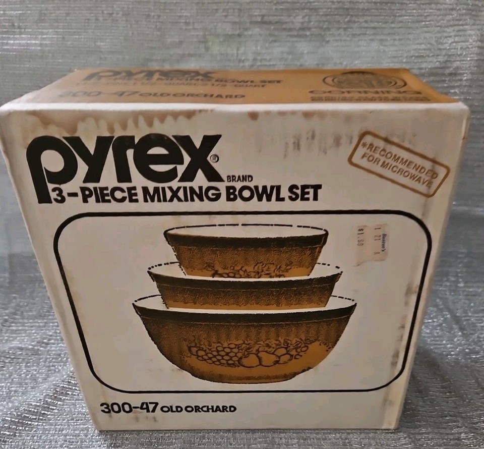 UNOPENED Vintage Pyrex Old Orchard 3 Pc Nesting Round Mixing Bowl Set ...