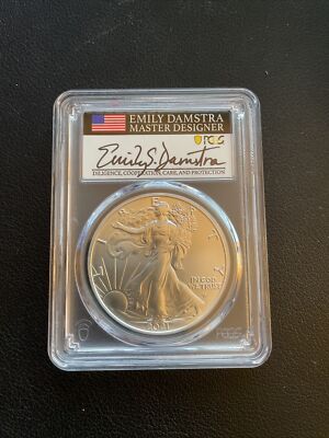2021 SILVER EAGLE PCGS MS70 FLAG EMILY DAMSTRA HAND SIGNED FIRST STRIKE ...