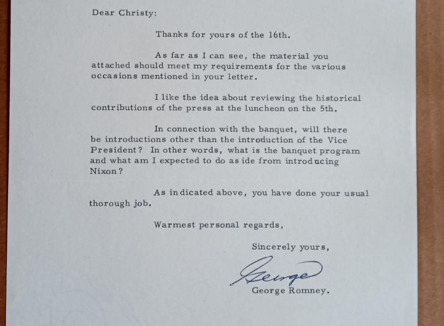 1956 GEORGE W ROMNEY AMERICAN MOTORS DETROIT SIGNED LETTER RICHARD ...