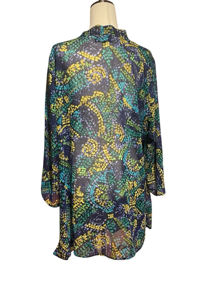 XL SLINKY BRAND Cardigan Blouse Womens 1X Sheer Top Floral Blue Black ...