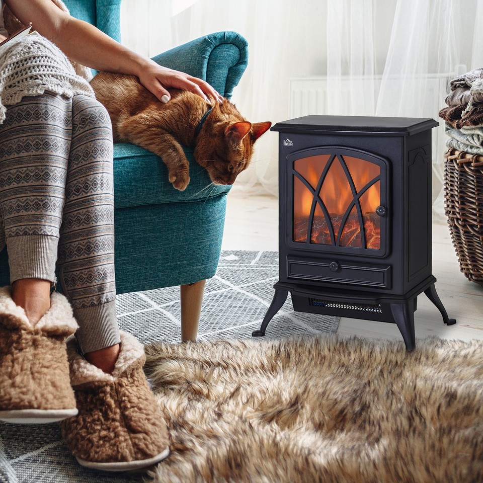 HOMCOM Free Standing Fireplace Flame Effect Electric Heater Log Burning ...