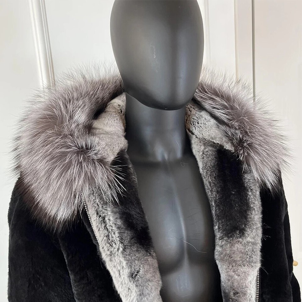 Men Real Rex Rabbit Fur Coat Trim Fox Fur Hood Jacket Winter Outwear ...