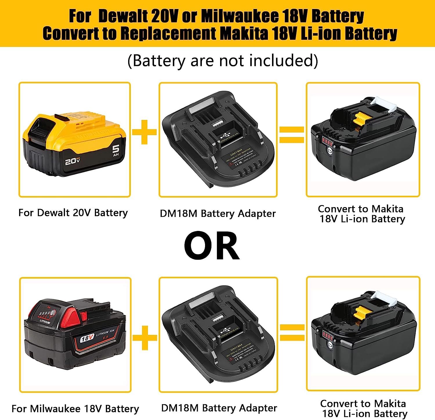 DM18M Battery Adapter for Dewalt 20V for Milwaukee 18V to Makita Power ...