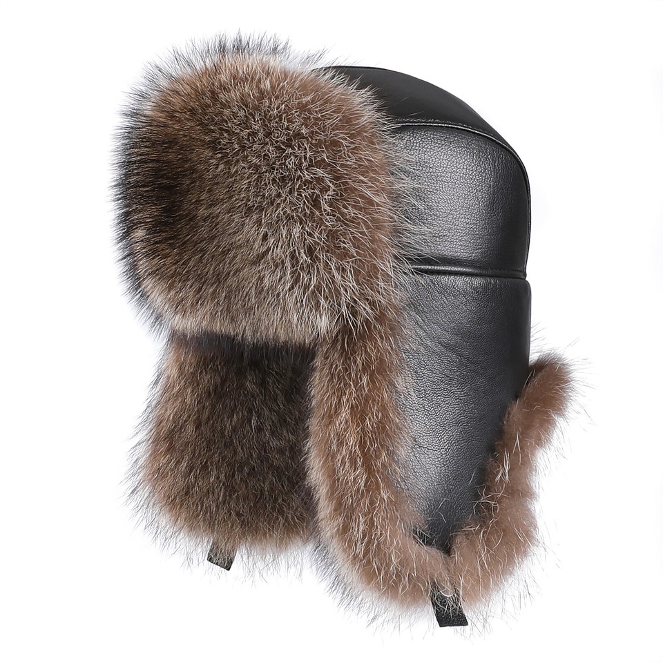 Men's Winter Raccoon Fur Leather Trapper Hat Russian Ushanka Earflap ...