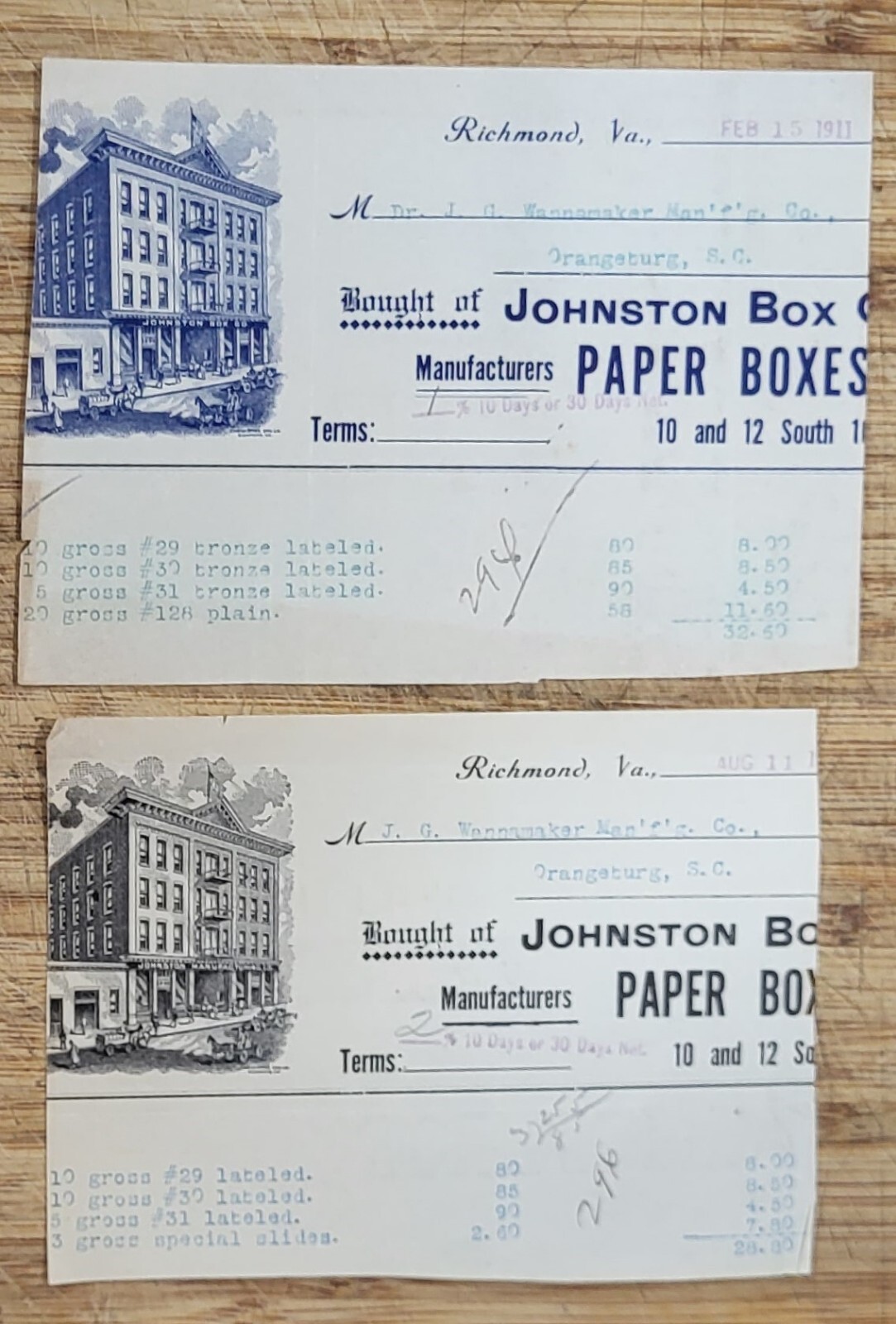 Billhead Virginia 1911 Richmond Johnston Paper Boxes *Trimmed* x2 ...