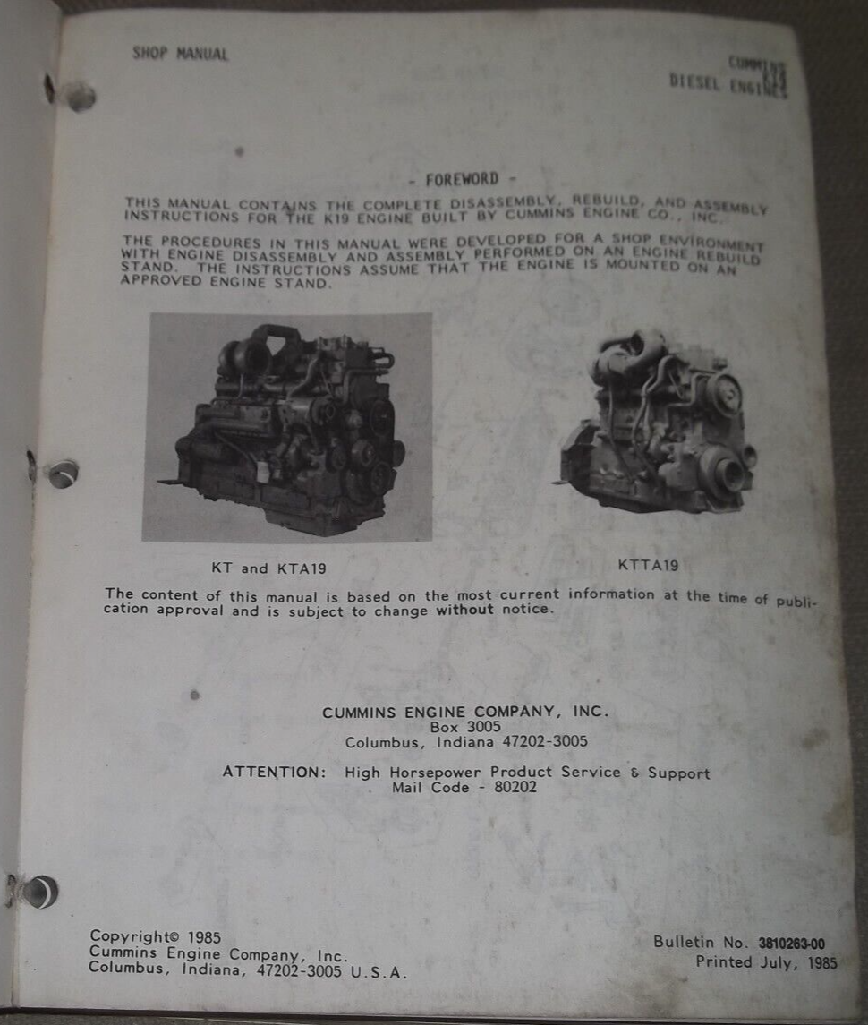 Cummins K19 KT KTA KTTA ENGINES SHOP SERVICE REPAIR MANUAL GUIDE BOOK ...