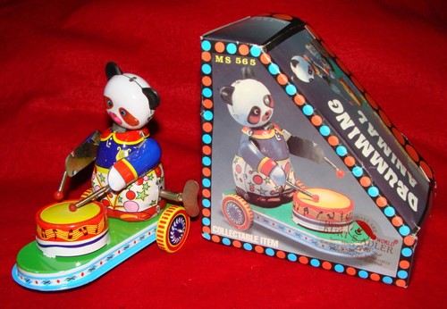 Kurt Adler Tin Clockwork Wind-Up Toy Drumming Animal / Panda Bear in Box Working | eBay