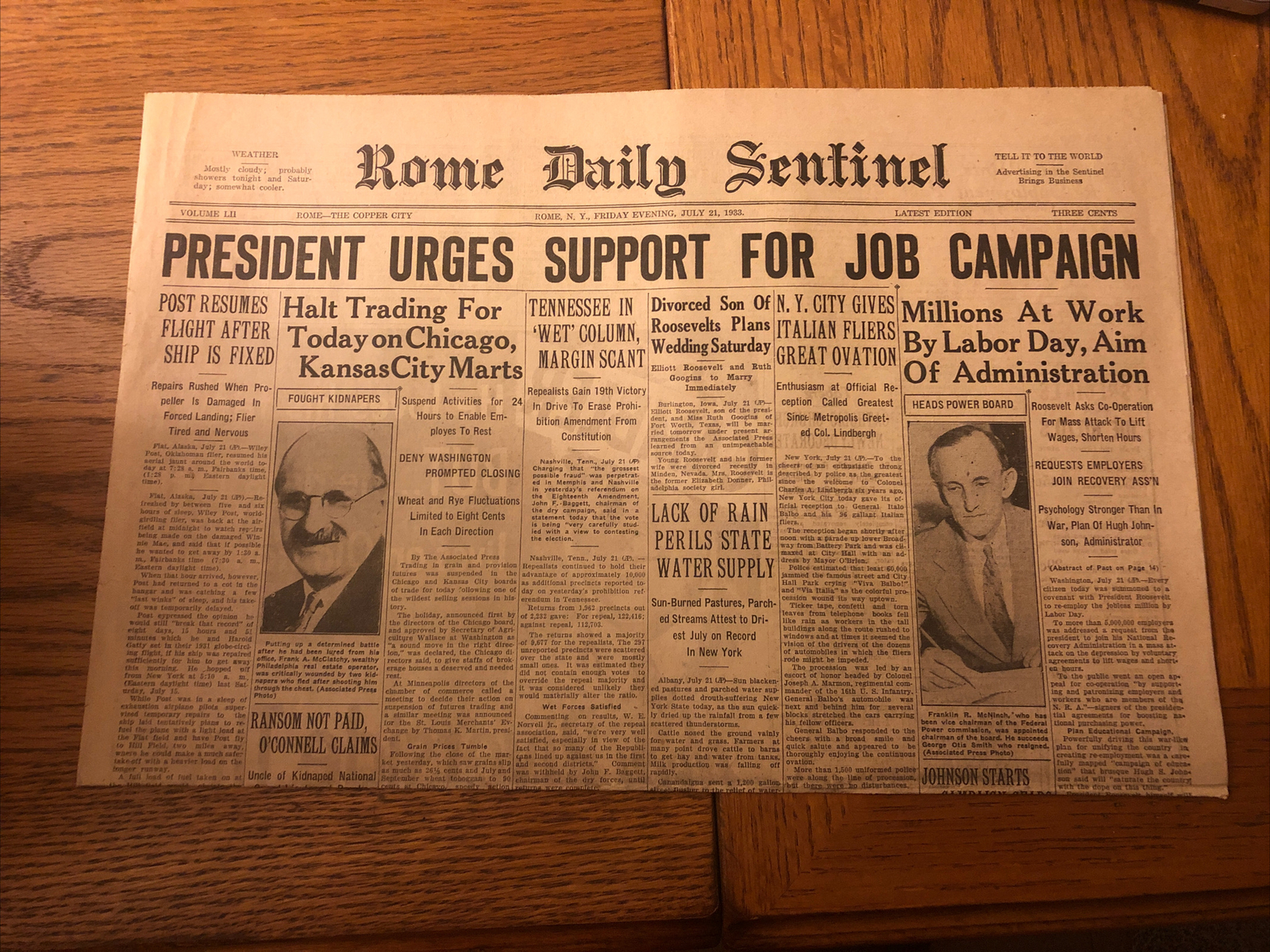 Rome Daily Sentinel 7/21/1933 Pp1,2,13,14 Roosevelt Great Depression ...