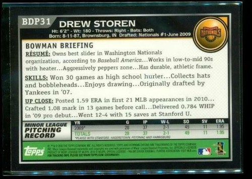 2010 Bowman Draft Baseball Card RC Chrome BDP31 DREW STOREN Washington ...
