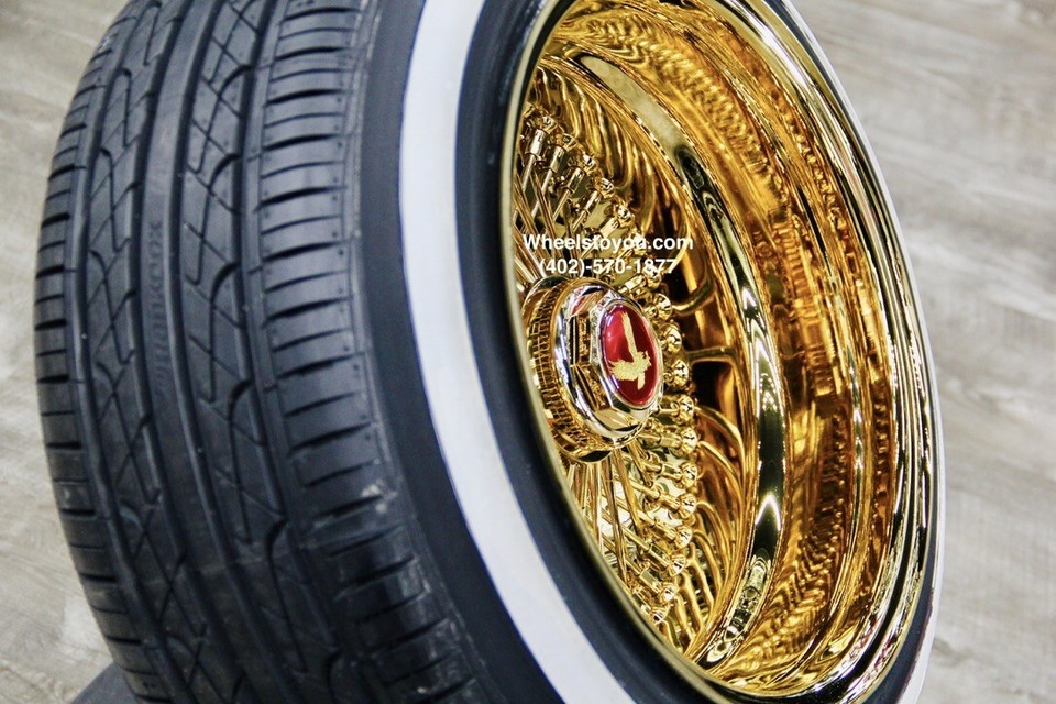 15x10" All Gold 100 Spoke Wire Wheels Low Profile Whitewall Tires Set ...