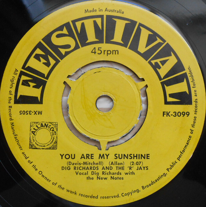 Dig Richards & R Jays ORIG OZ 45 You are my sunshine VG+ ’59 Festival ...