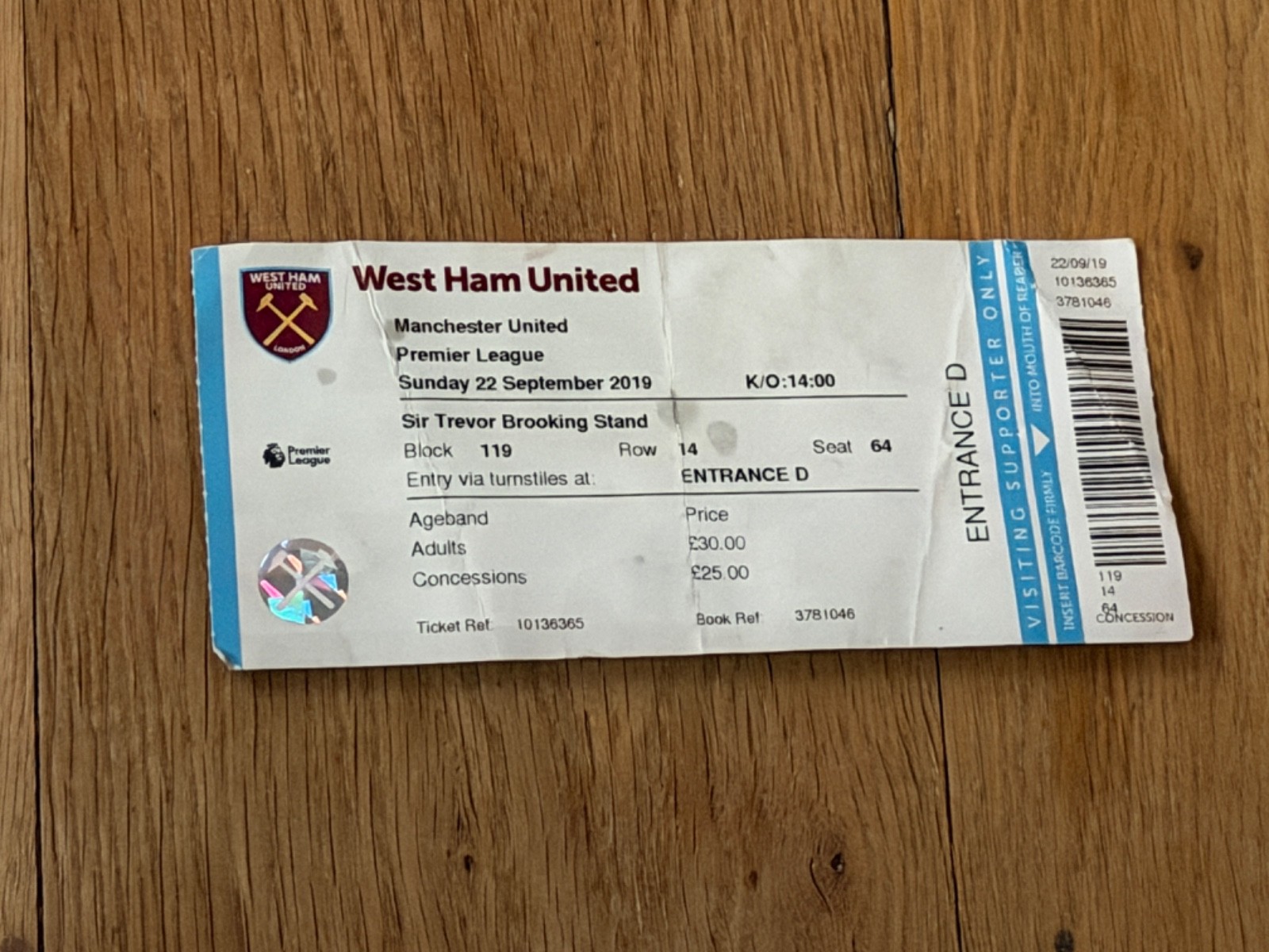 TICKET 2019/20 West Ham Utd v Manchester United League - Man Utd End ...