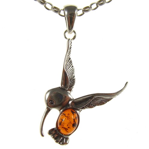 BALTIC AMBER STERLING SILVER 925 HUMMINGBIRD PENDANT NECKLACE CHAIN ...