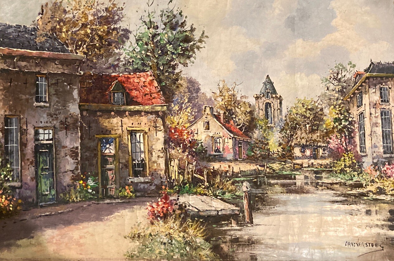 Listed Artist Arn Versteeg Dutch Village Scene Oil on Canvas Painting ...