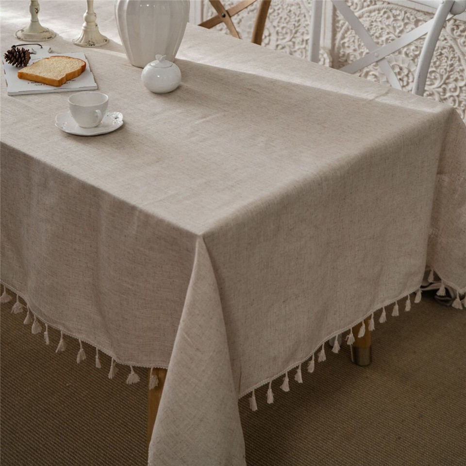 Beige Linen Tablecloth Tassel Fringe Table Cloth Cover Dining Kitchen ...