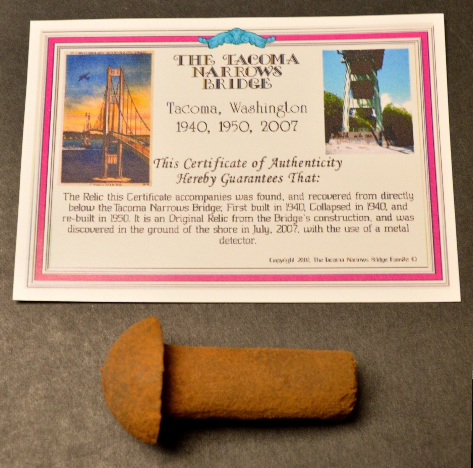 Tacoma, WA Narrows Bridge Rivet & COA, 1940 Galloping Gertie, 1950 ...