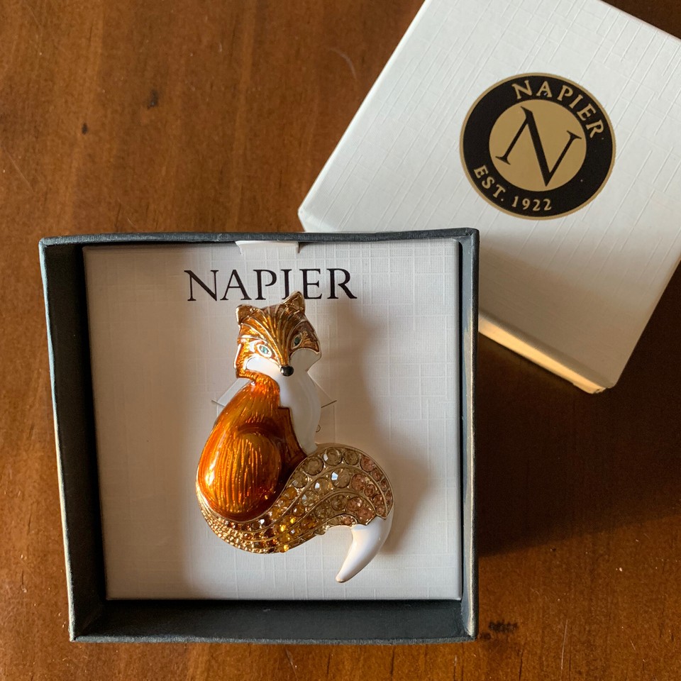 Napier Fox Brooch Pin NEW Gold Tone Enamel Jeweled with Box Rhinestones ...