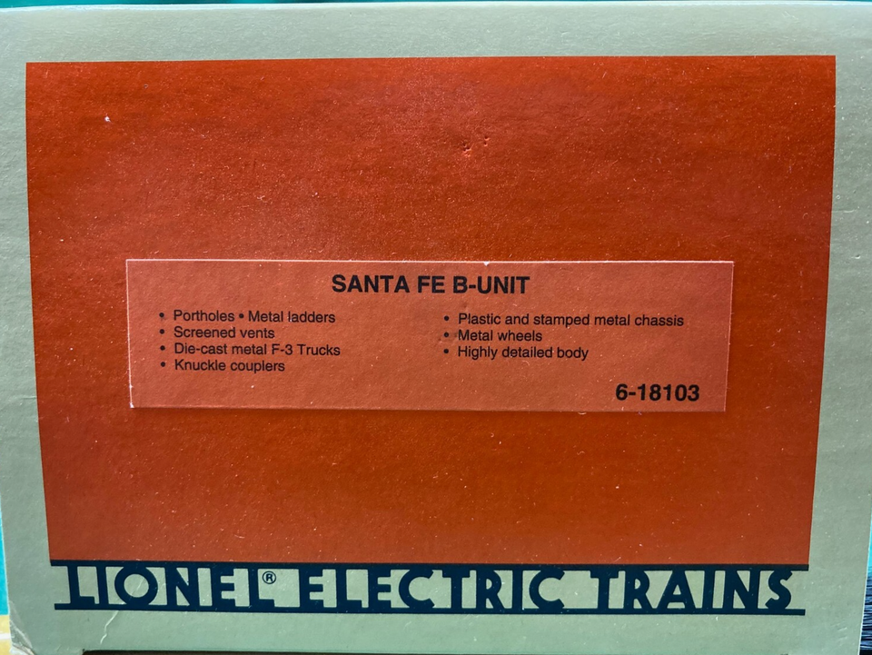 Lionel O Gauge 6-18103 Santa Fe B-Unit Dummy Diesel Engine Cab #8103 LN ...