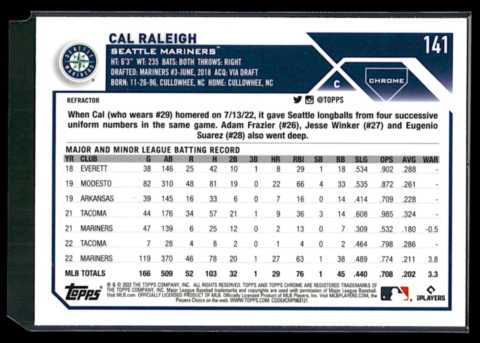Cal Raleigh 2023 Topps Chrome #141 Refractors | eBay