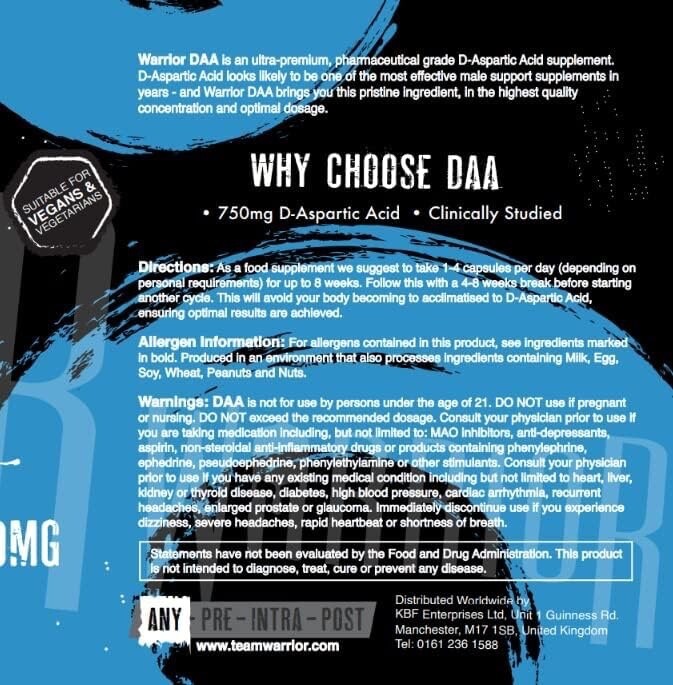 Warrior DAA D-Aspartic Acid 120 Capsules Natural Testosterone Booster ...